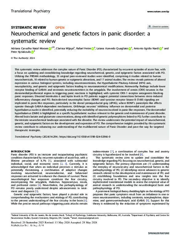 (PDF) Neurochemical and genetic factors in panic disorder: a systematic ...