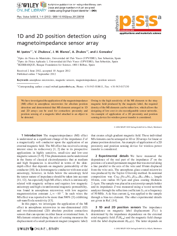 (PDF) 1D and 2D position detection using magnetoimpedance sensor array