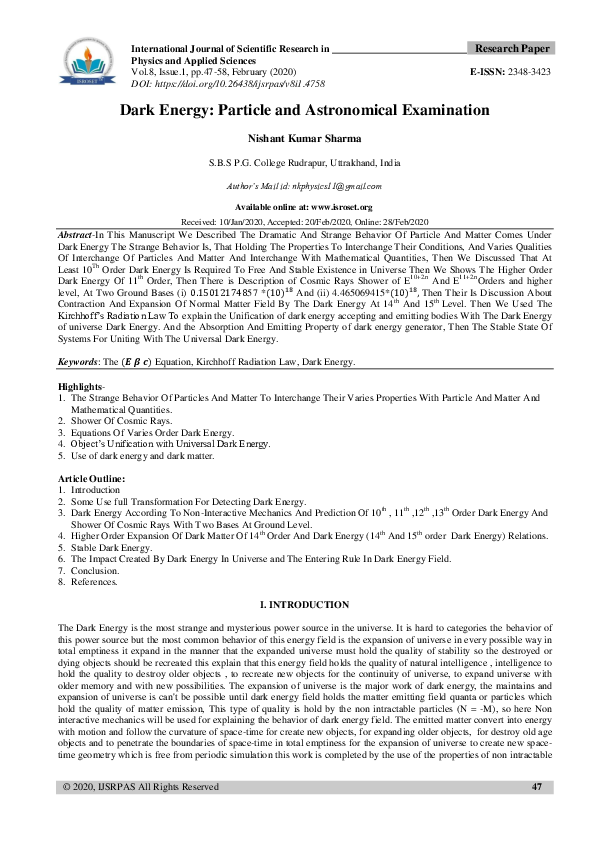 (PDF) Dark Energy: Particle and Astronomical Examination