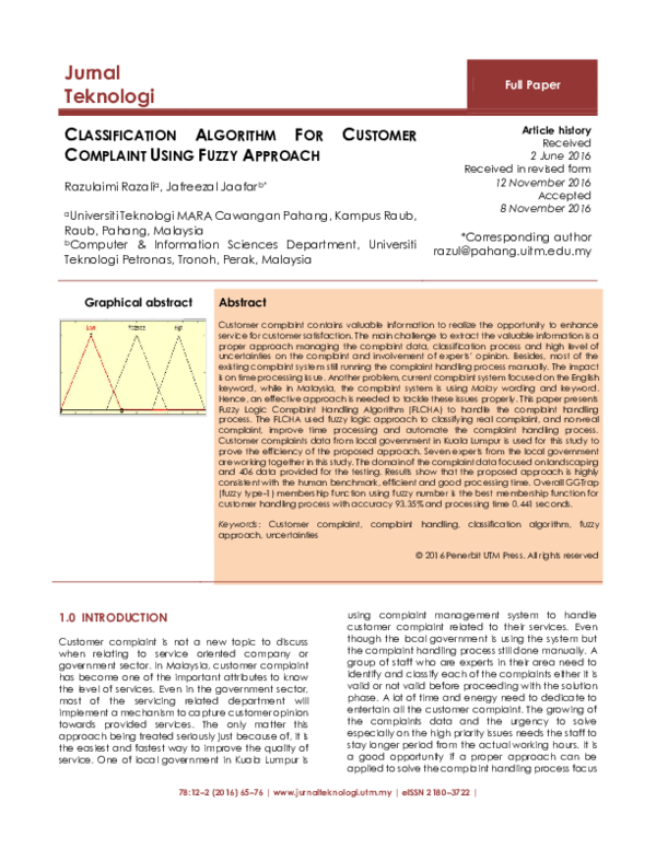 (PDF) Classification Algorithm for Customer Complaint Using Fuzzy Approach | TS DR RAZULAIMI ...