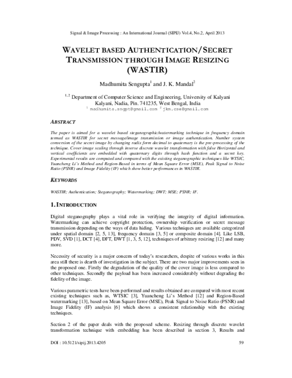 (PDF) Wavelet Based Authentication/Secret Transmission Through Image Resizing (WASTIR)