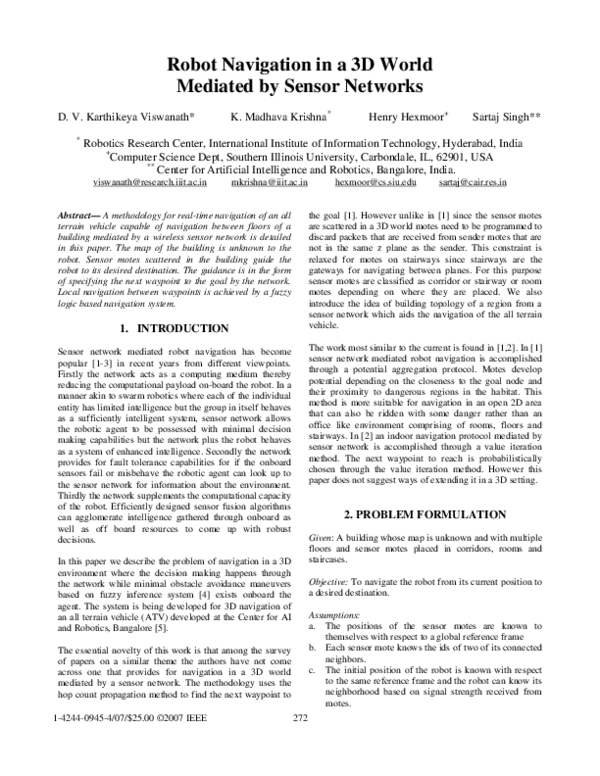(PDF) Robot Navigation in a 3D World Mediated by Sensor Networks | Sartaj Singh - Academia.edu