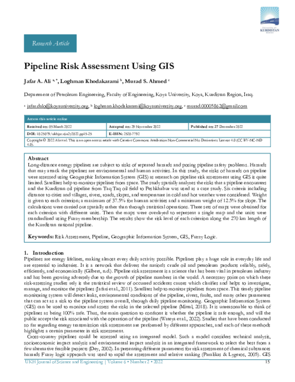 (PDF) Pipeline Risk Assessment Using GIS