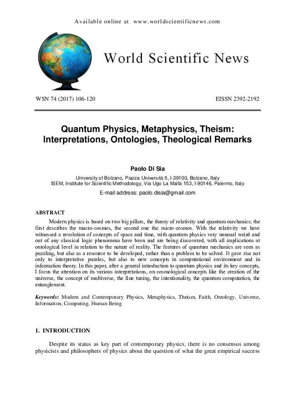 (PDF) Quantum Physics, Metaphysics, Theism: Interpretations, Ontologies ...