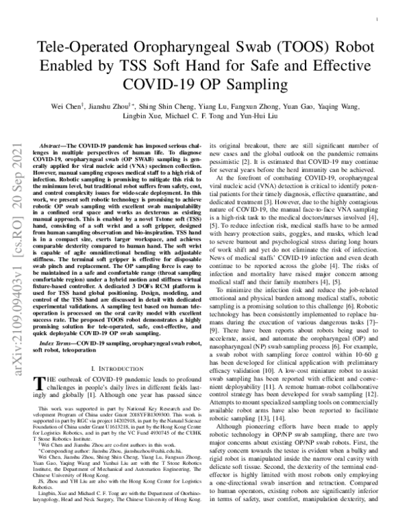 (PDF) Tele-Operated Oropharyngeal Swab (TOOS) RobotEnabled by TSS Soft ...