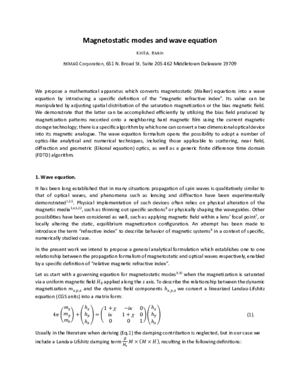 (PDF) Magnetostatic modes and wave equation