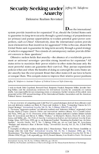 (PDF) Security Seeking under Anarchy: Defensive Realism Revisited