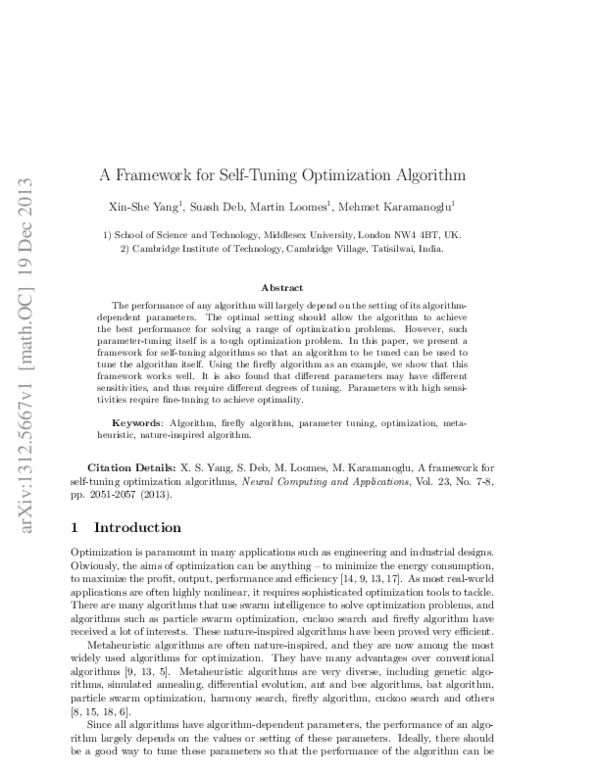 (PDF) A framework for self-tuning optimization algorithm