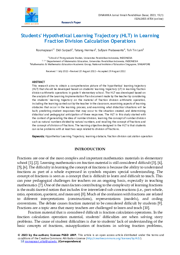 (PDF) Students' Hypothetical Learning Trajectory (HLT) in Learning Fraction Division Calculation ...