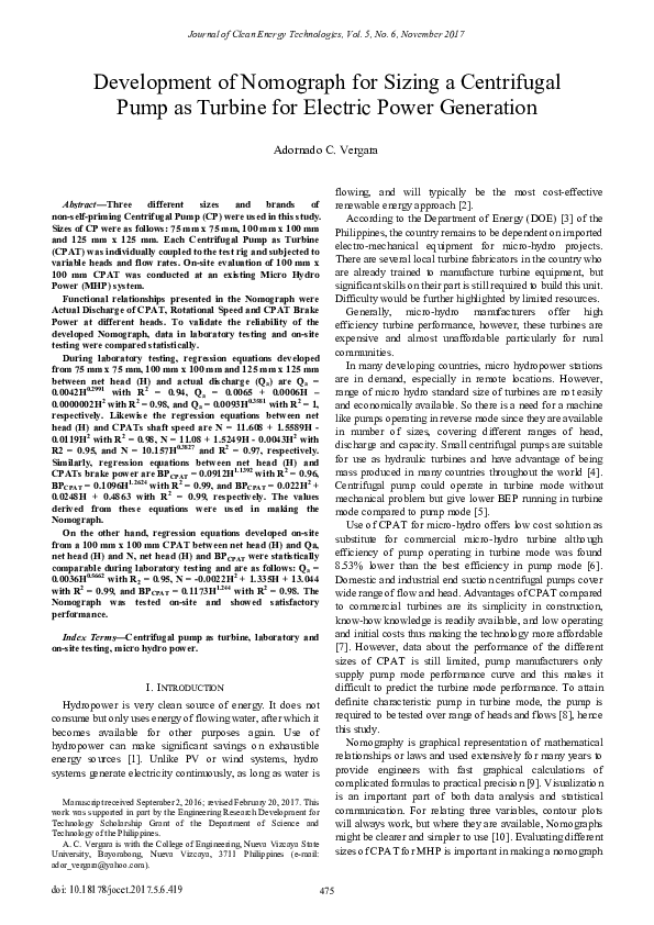 (PDF) Development of Nomograph for Sizing a Centrifugal Pump as Turbine for Electric Power ...