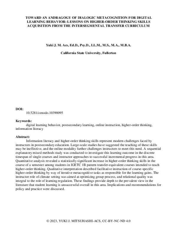 (PDF) Toward an Andragogy of Dialogic Metacognition for Digital Learning Behavior: Lessons on ...