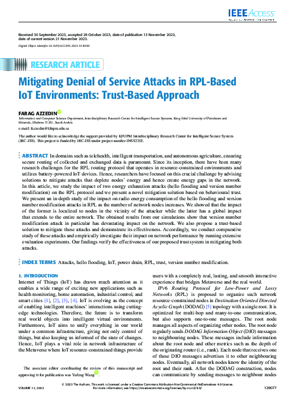 (PDF) Mitigating Denial of Service Attacks in RPL-Based IoT Environments: Trust-Based Approach
