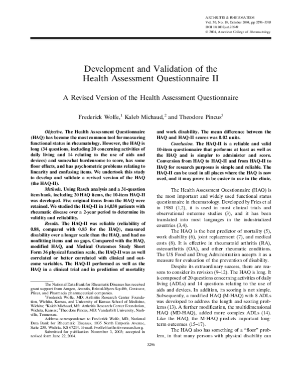 (PDF) Development and validation of the health assessment questionnaire II: A revised version of ...