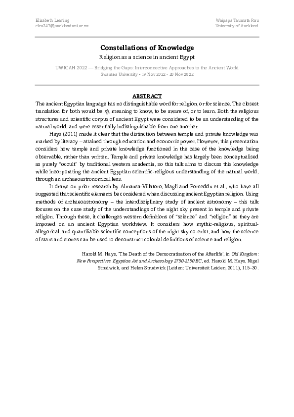 (PDF) Constellations of Knowledge: Religion as a science in ancient Egypt