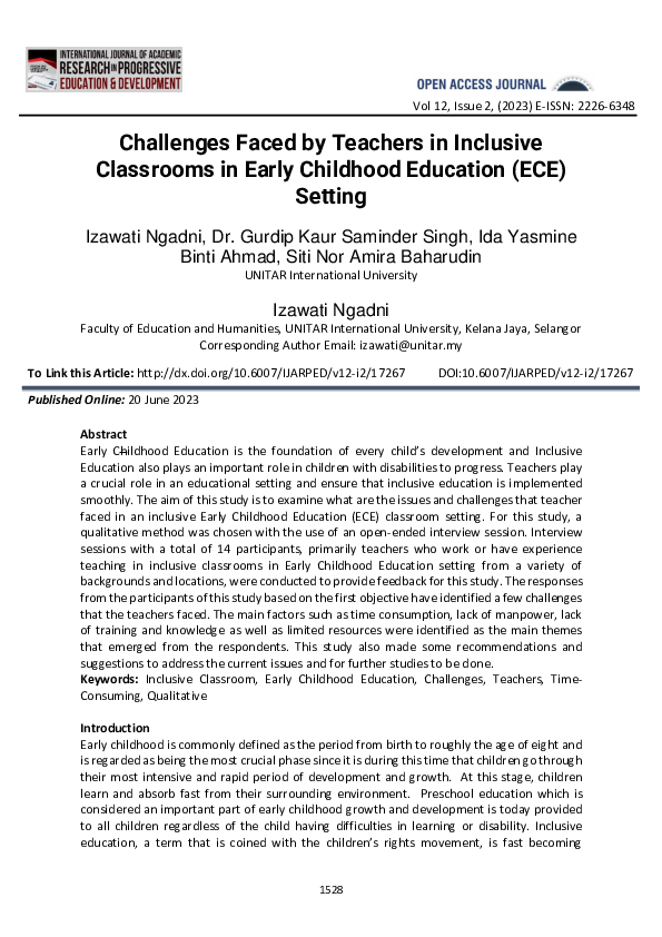 (PDF) Challenges Faced by Teachers in Inclusive Classrooms in Early ...