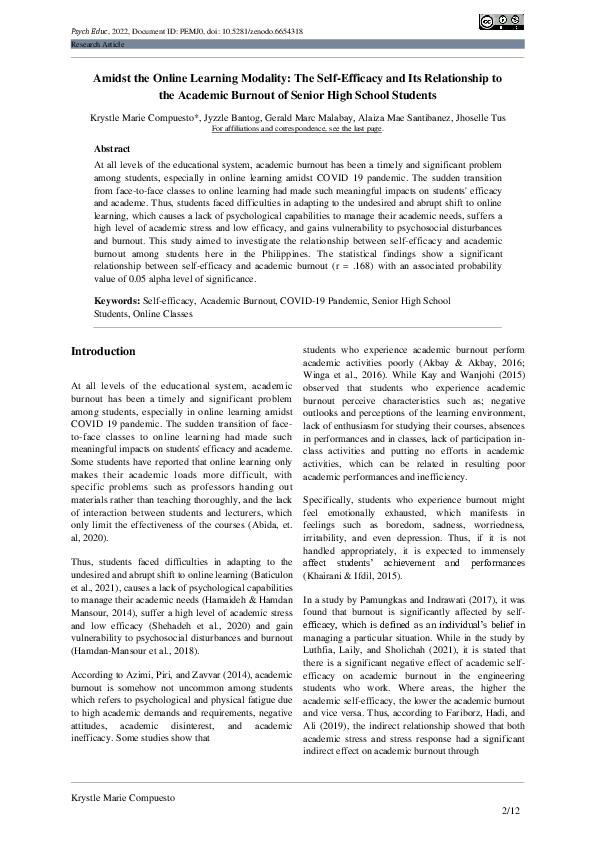 (PDF) Amidst the Online Learning Modality: The Self-Efficacy and Its ...