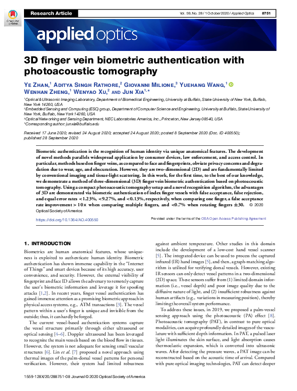 (PDF) 3D Finger Vein Authentication via Photoacoustics