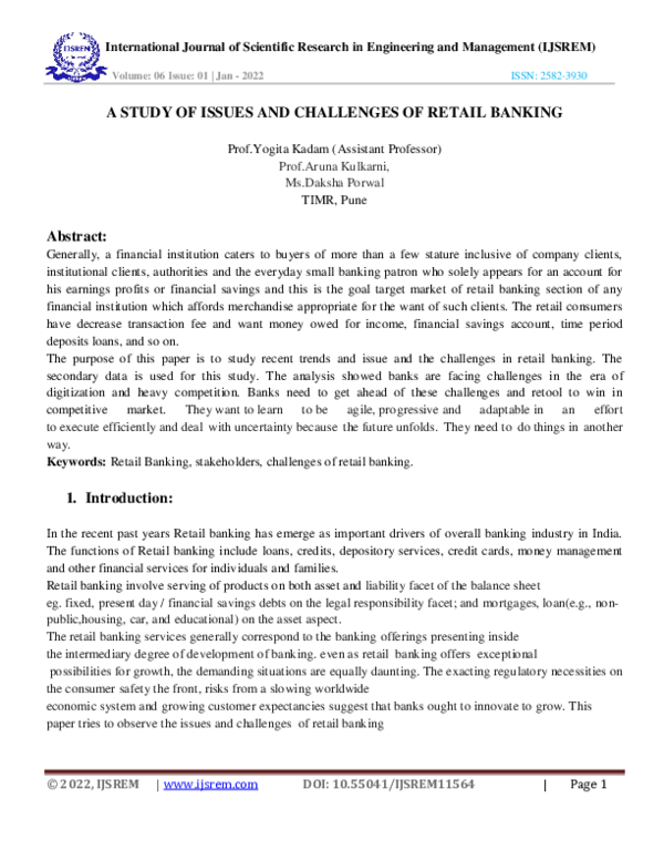 (PDF) A Study of Issues and Challenges of Retail Banking