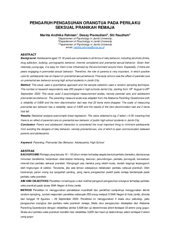 (PDF) Pengaruh Pengasuhan Orangtua Pada Perilaku Seksual Pranikah Remaja