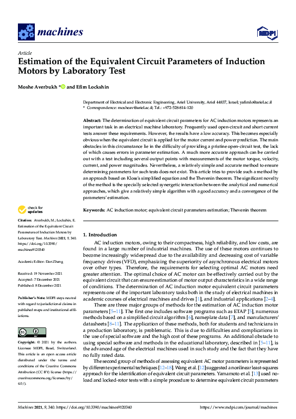 Pdf Estimation Of The Equivalent Circuit Parameters Of Induction Motors By Laboratory Test