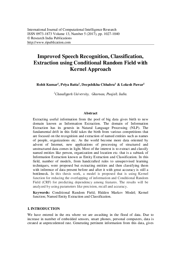 (PDF) Improved Speech Recognition , Classification , Extraction using Conditional Random Field ...