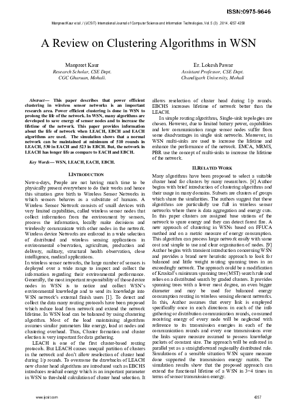 Pdf A Review On Clustering Algorithms In Wsn