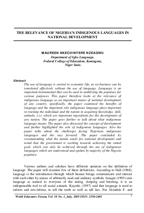 (PDF) THE RELEVANCE OF NIGERIA'S INDIGENOUS LANGUAGES IN NATIONAL ...