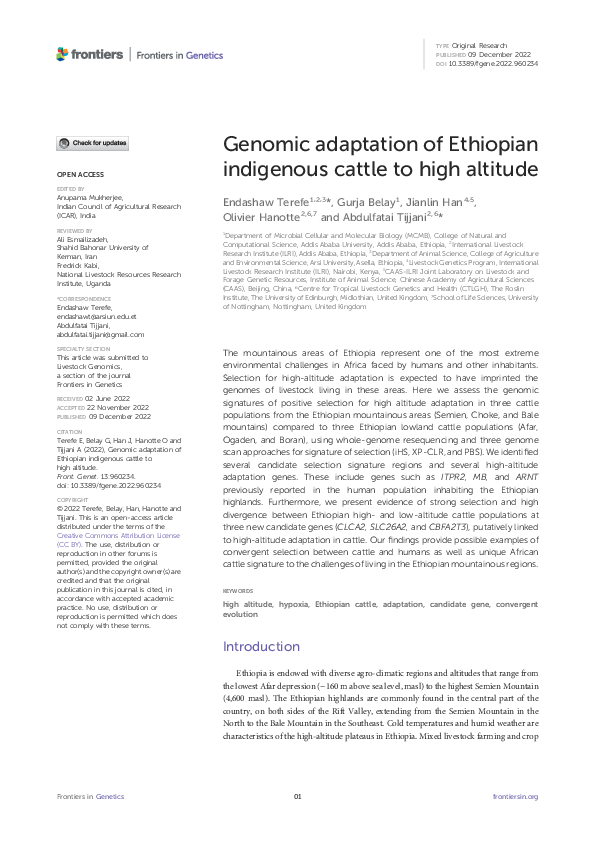 (PDF) Genomic adaptation of Ethiopian indigenous cattle to high altitude