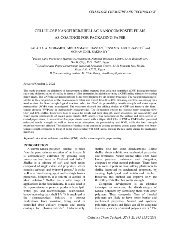 (PDF) Cellulose Nanofiber/Shellac Nanocomposite Films as Coatings for ...