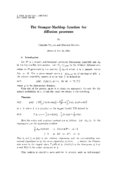 (PDF) The Onsager-Machlup function for diffusion processes