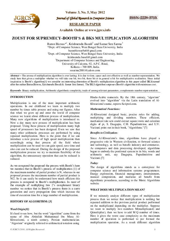 (PDF) Joust for Supremacy-Booth’s & BKS Multiplication Algorithm
