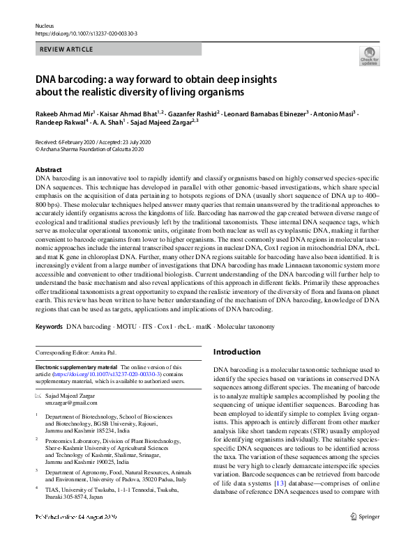 (PDF) DNA barcoding: a way forward to obtain deep insights about the realistic diversity of ...