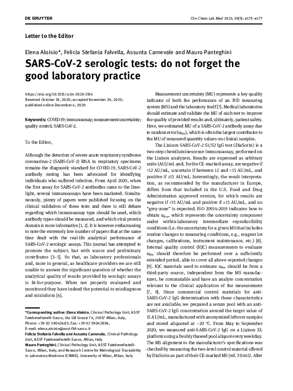(PDF) SARS-CoV-2 serologic tests: do not forget the good laboratory ...