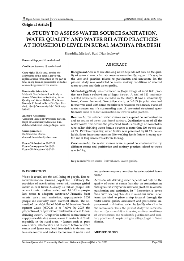 (PDF) A STUDY TO ASSESS WATER SOURCE SANITATION, WATER QUALITY AND ...