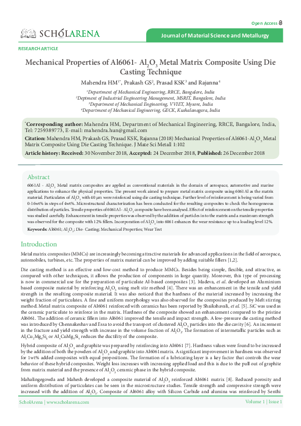 (PDF) Mechanical Properties of Al6061-Al2O3 Metal Matrix Composite Using Die Casting Technique