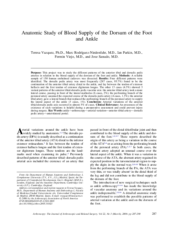 (PDF) Anatomic Study of Blood Supply of the Dorsum of the Foot and Ankle