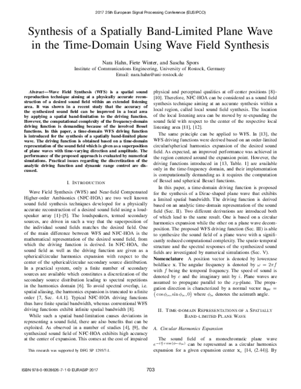 (PDF) Synthesis of a Spatially Band-Limited Plane Wave in the Time-Domain Using Wave Field Synthesis