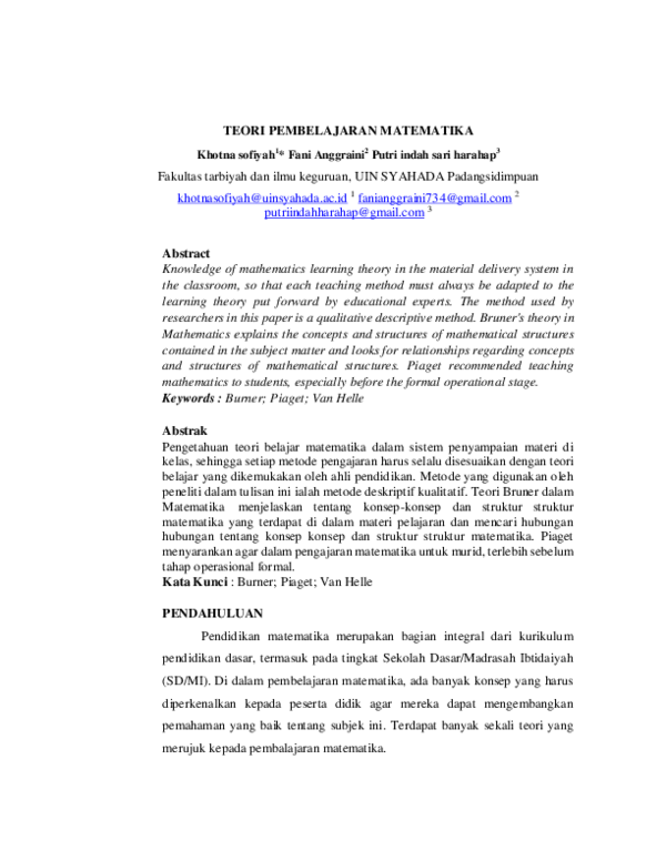 (PDF) TEORI PEMBELAJARAN MATEMATIKA