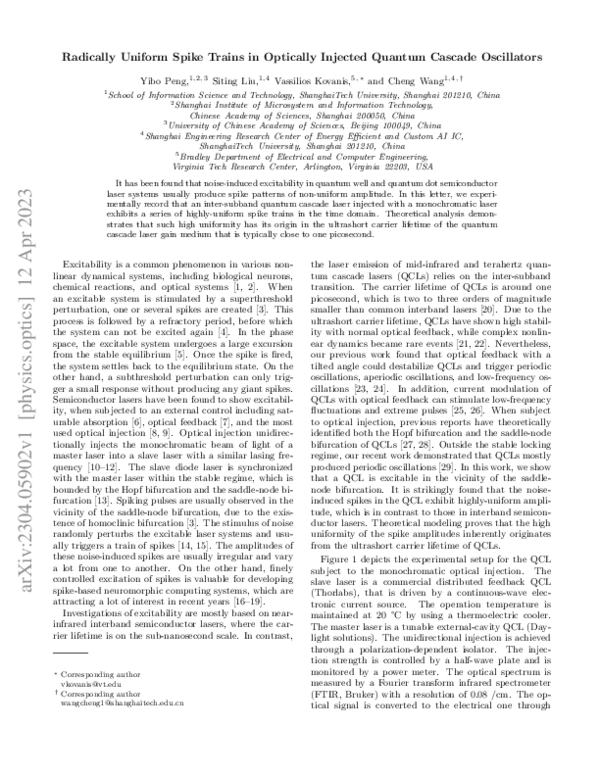 (PDF) Radically Uniform Spike Trains in Optically Injected Quantum Cascade Oscillators