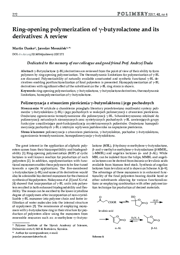 (PDF) Ring-opening polymerization of y-butyrolactone and its derivatives: A review
