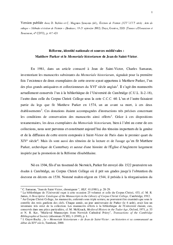 (PDF) « Réforme, identité nationale et sources médiévales : Matthew ...