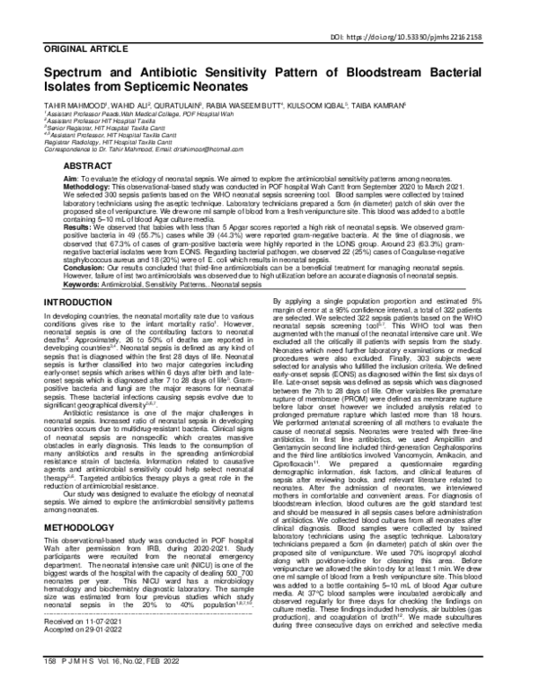 (PDF) Spectrum and Antibiotic Sensitivity Pattern of Bloodstream ...