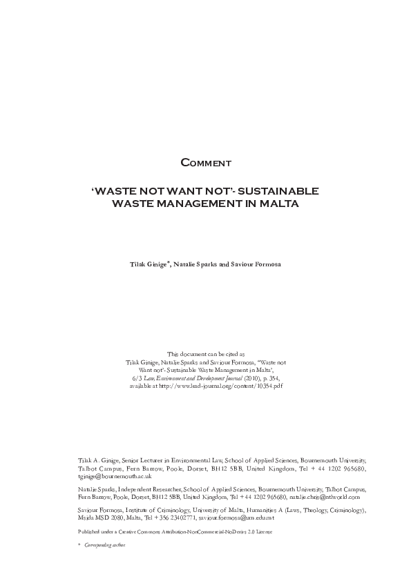 (PDF) Waste Not Want Not'- Sustainable Waste Management in Malta ...