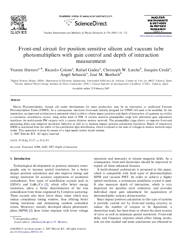 (PDF) Front-end circuit for position sensitive silicon and vacuum tube photomultipliers with ...