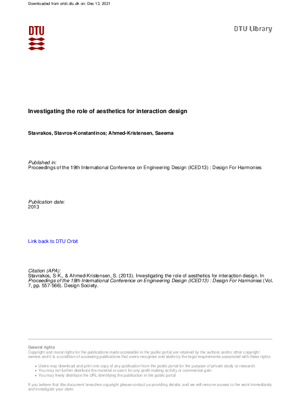 (PDF) Investigating the role of aesthetics for interaction design