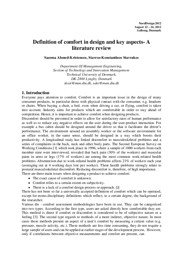 (PDF) Definition of comfort in design and key aspects- A literature review