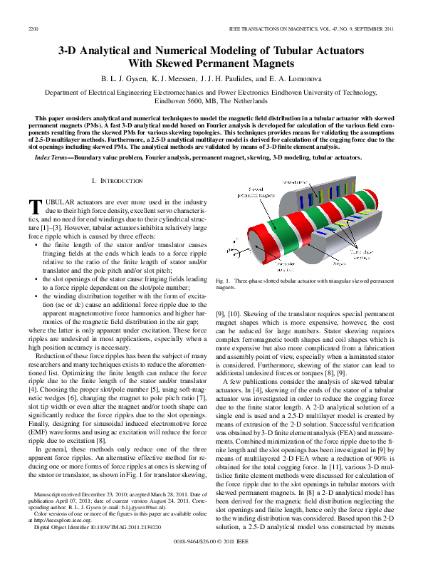 Pdf 3 D Analytical And Numerical Modeling Of Tubular Actuators With Skewed Permanent Magnets