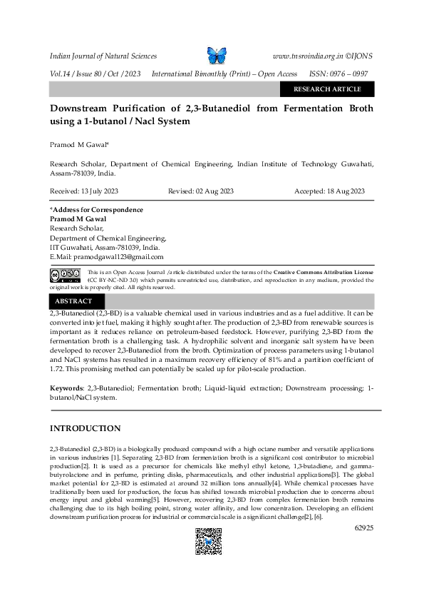 (PDF) Downstream Purification of 2,3-Butanediol from Fermentation Broth using a 1-butanol / Nacl ...