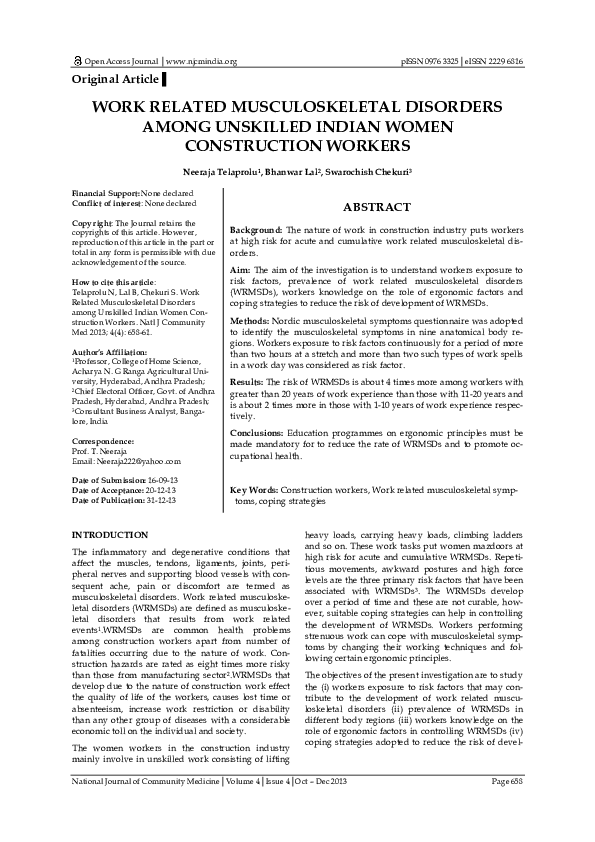 (PDF) WORK RELATED MUSCULOSKELETAL DISORDERS AMONG UNSKILLED INDIAN WOMEN CONSTRUCTION WORKERS ...