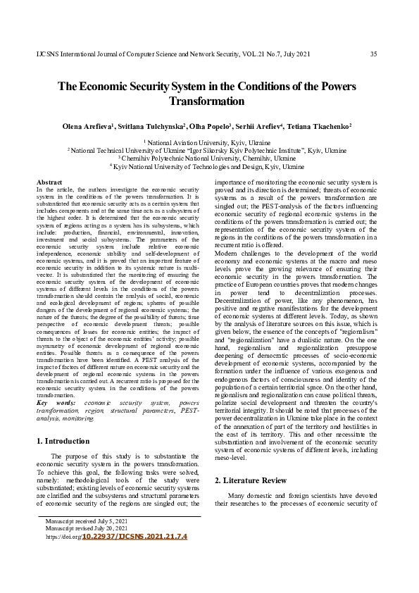 (PDF) The Economic Security System in the Conditions of the Powers ...